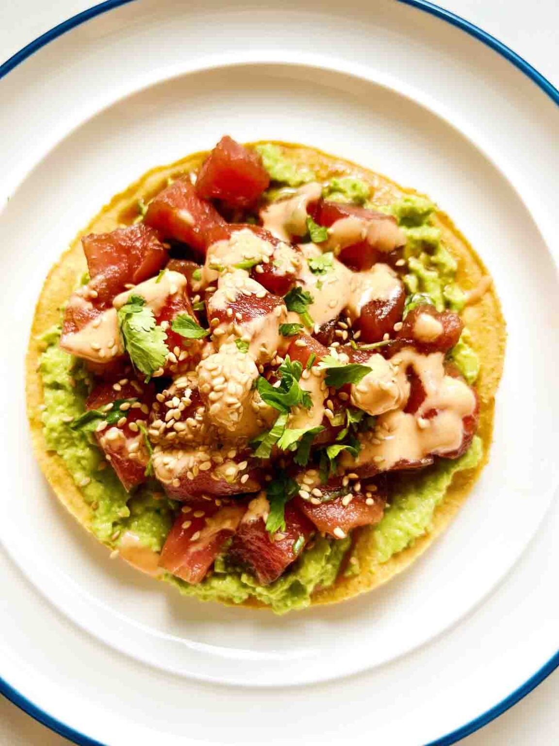 Teriyaki Tuna Tostadas with Avocado & Spicy Mayo - Grilled Cheese Social