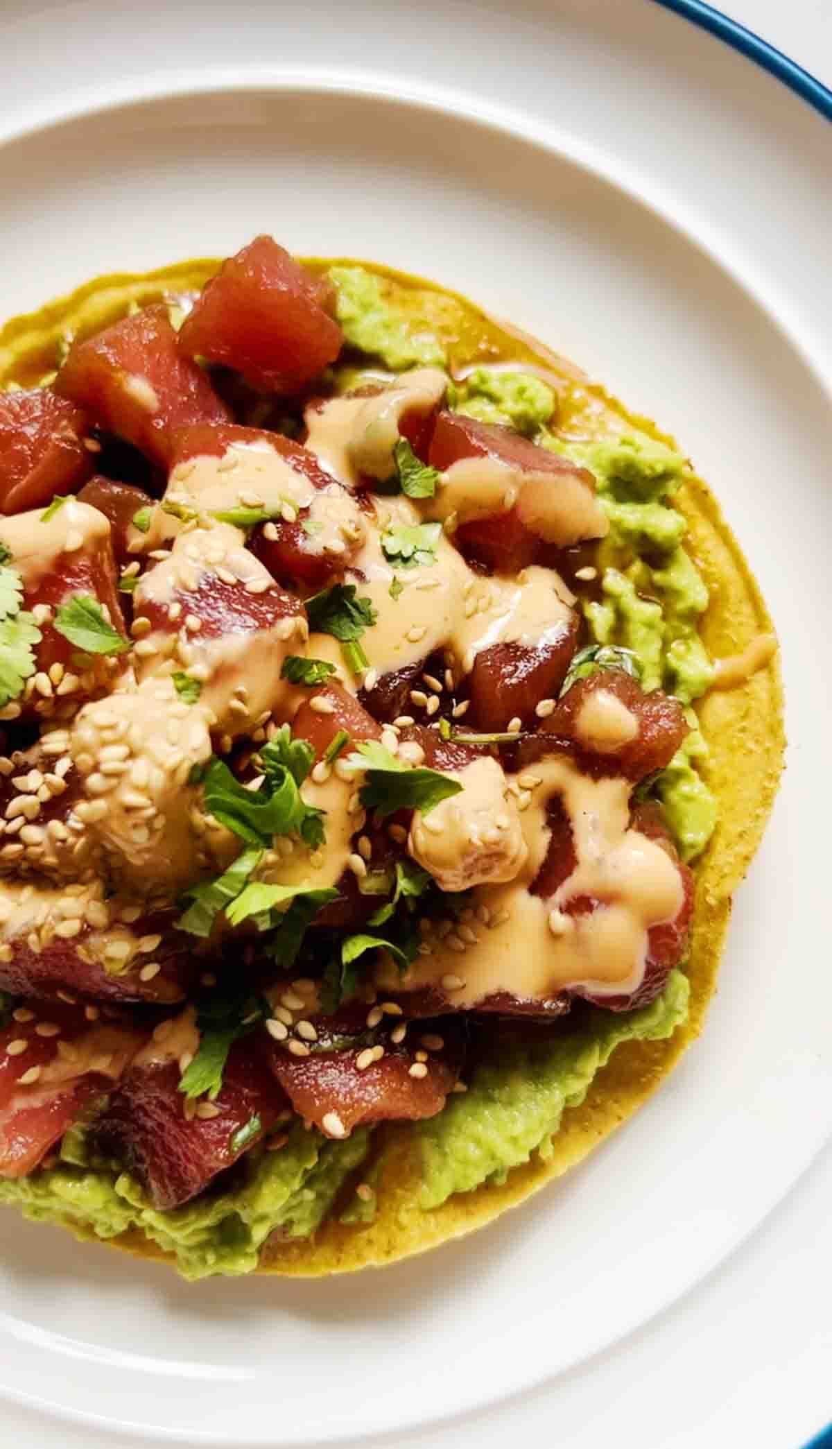 Teriyaki Tuna Tostadas with Avocado & Spicy Mayo - Grilled Cheese Social